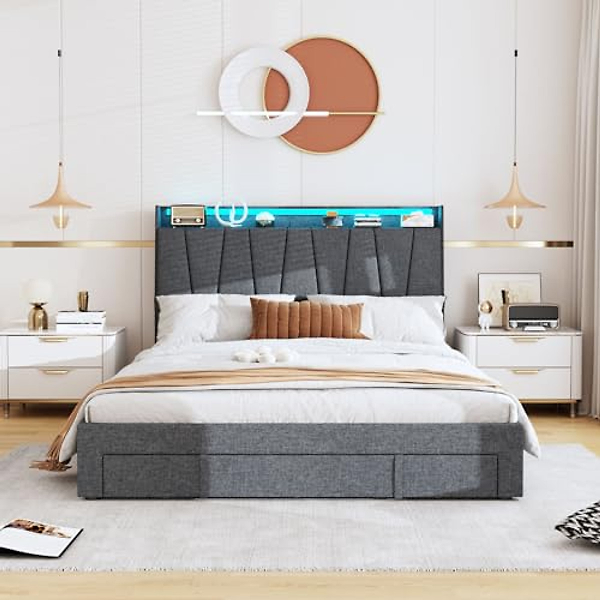 LED Queen Size Bed Frame with Storage Headboard and Charging Station,Upholstered Platform Bed with 3 Storage Drawers,Queen Bed Frame with LED Lights,No Box Spring,Noise-Free,Charcoal Gray