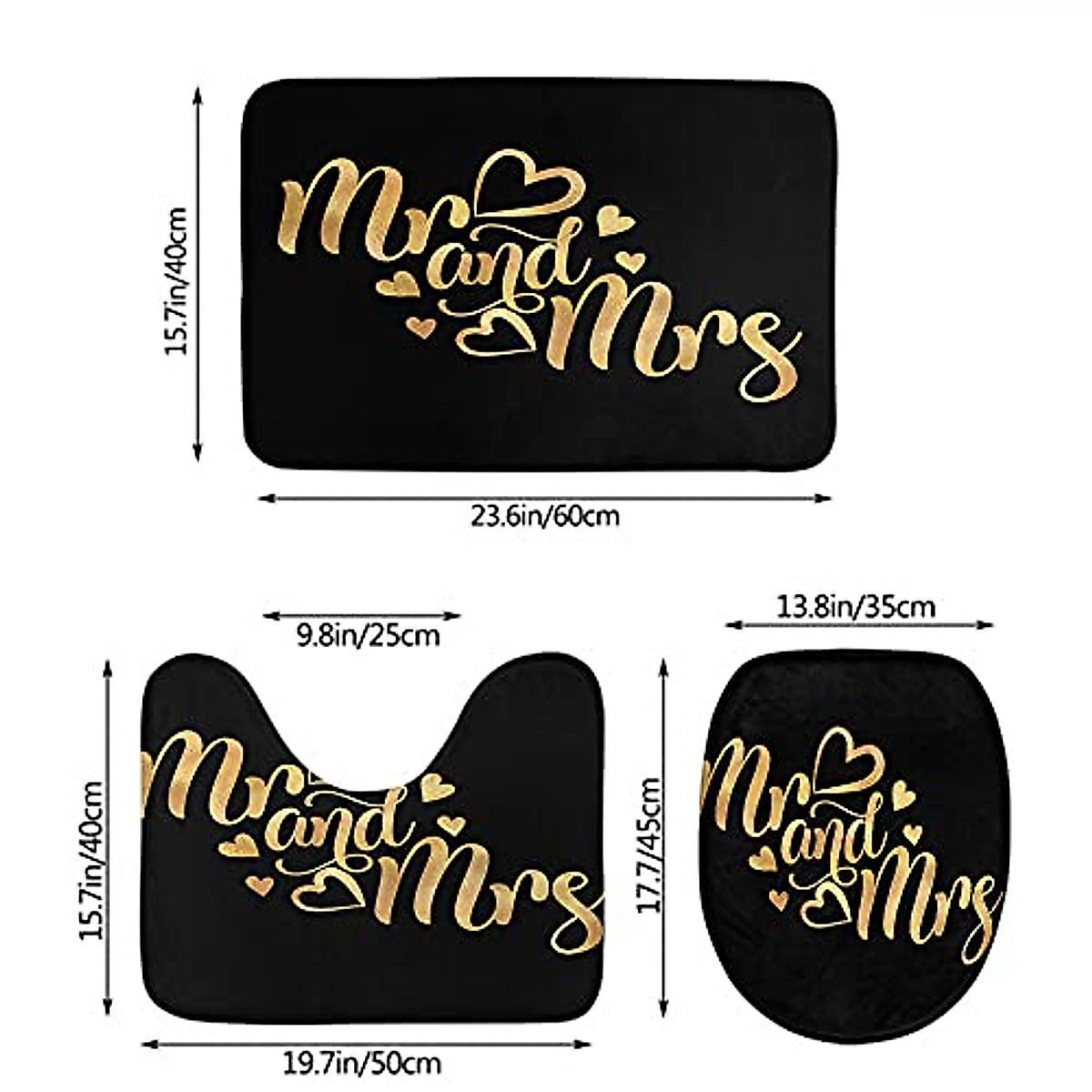Wondertify Mr and Mrs Bathroom Antiskid Pad Gold Glitter Typography 3 Pieces Bathroom Rugs Set, Bath Mat+Contour+Toilet Lid Cover Black