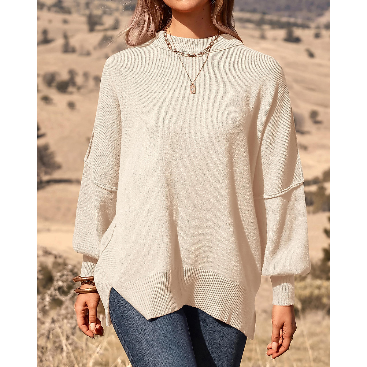 PRETTYGARDEN Women's Oversized Sweater 2024 Casual Fall Crewneck Long Sleeve Loose Side Slit Ribbed Knit Pullover Tops(Solid Beige,Medium)