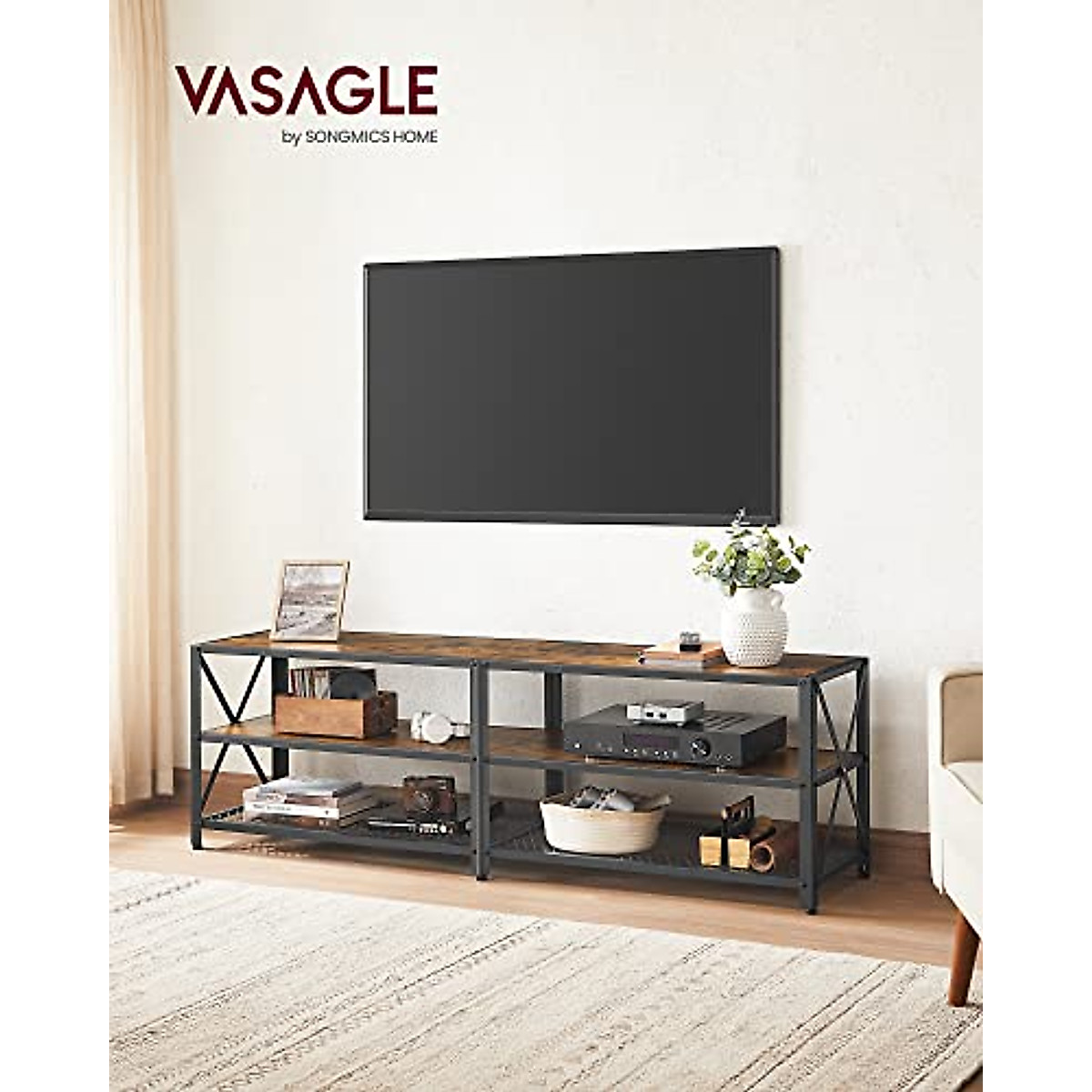 VASAGLE TV Stand for TV up to 70 Inches, TV Table, Entertainment Center, 3-Tier TV Console, Steel Frame, Industrial Style, for Living Room, Rustic Brown and Black ULTV095B01