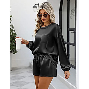 Ekouaer Silk Pajama Set for Women Two Piece Satin Long Sleeve and Shorts Pajama Set Summer Sleepwear Silk Pj Sets Black Small