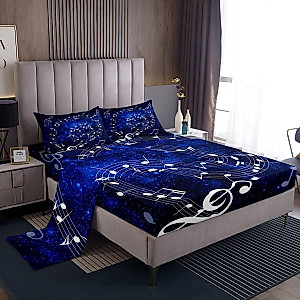Music Note Swirl Sheet Set Kids Boys Girls Blue Starry Sky Fitted Sheets Set Full Size Music Stave Bedding Sheet Sets Includes 1 Flat Sheet,1 Fitted Sheet,2 Pillowcases
