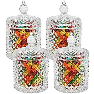 Hedume 4 Pack Crystal Diamond Faceted Jar with Crystal Lid, Glass Food Storage Organization Set Suitable as Candy Dish, Cookie Tin, Decorative Sugar Bowl (Diameter 3.3 Inch)