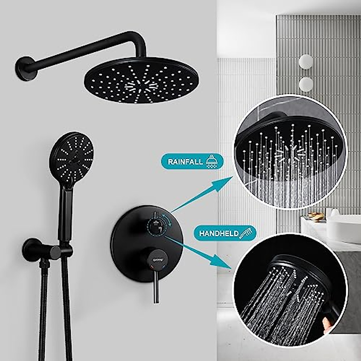 GAPPO Matte Black Shower System 9 Inch, Rain Shower Head with Handheld Spray High Pressure, Bathroom Luxury Wall Mounted Shower Faucet Set Rough-in Valve and Shower Trim Included