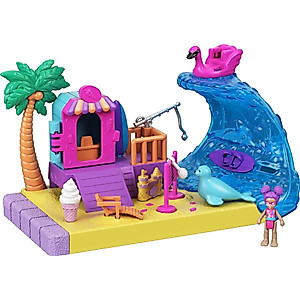 Polly Pocket Pollyville Playset, Sunshine Beach with Micro Doll, Seal Figure, Flamingo Toy Boat & Accessories