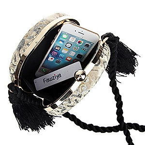 Fawziya Evening Clutch Sequin Embroidery Tassel Round Velvet Medium Novelty Purses For Women Crossbody-Beige