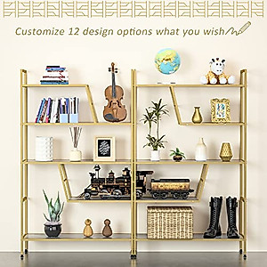 SIMFLAG 5-Tier Bookshelf Adjustable Bookcase with Retro Wood and Metal, Modern Tall Bookshelf for Bedroom, Display Gold Bookshleves for Home, Office, Living Room, Study Room