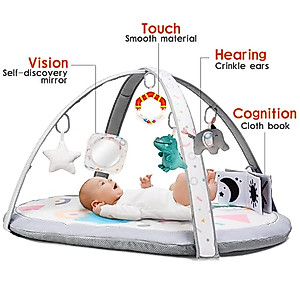 Lupantte 7 in 1 Baby Play Gym Mat, 2 Replaceable Washable Mat Covers Baby Activity Play Mat with 6 Toys, Visual, Hearing, Touch, Cognitive Development for Baby to Toddler, Thicker Non-Slip