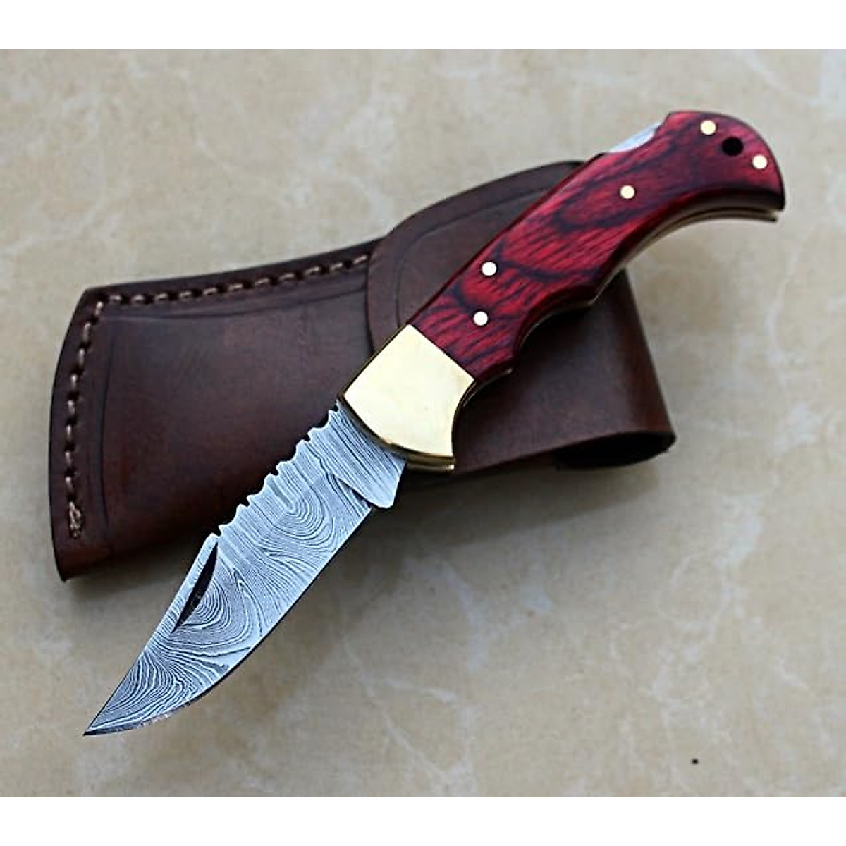 Nesmo-506 Damascus Steel Pocket Knife for Men - Handmade Folding Hunting Knives with Leather Pouch - Best Knife for Camping Hunting Hiking (Red Pakka Wood Handle)