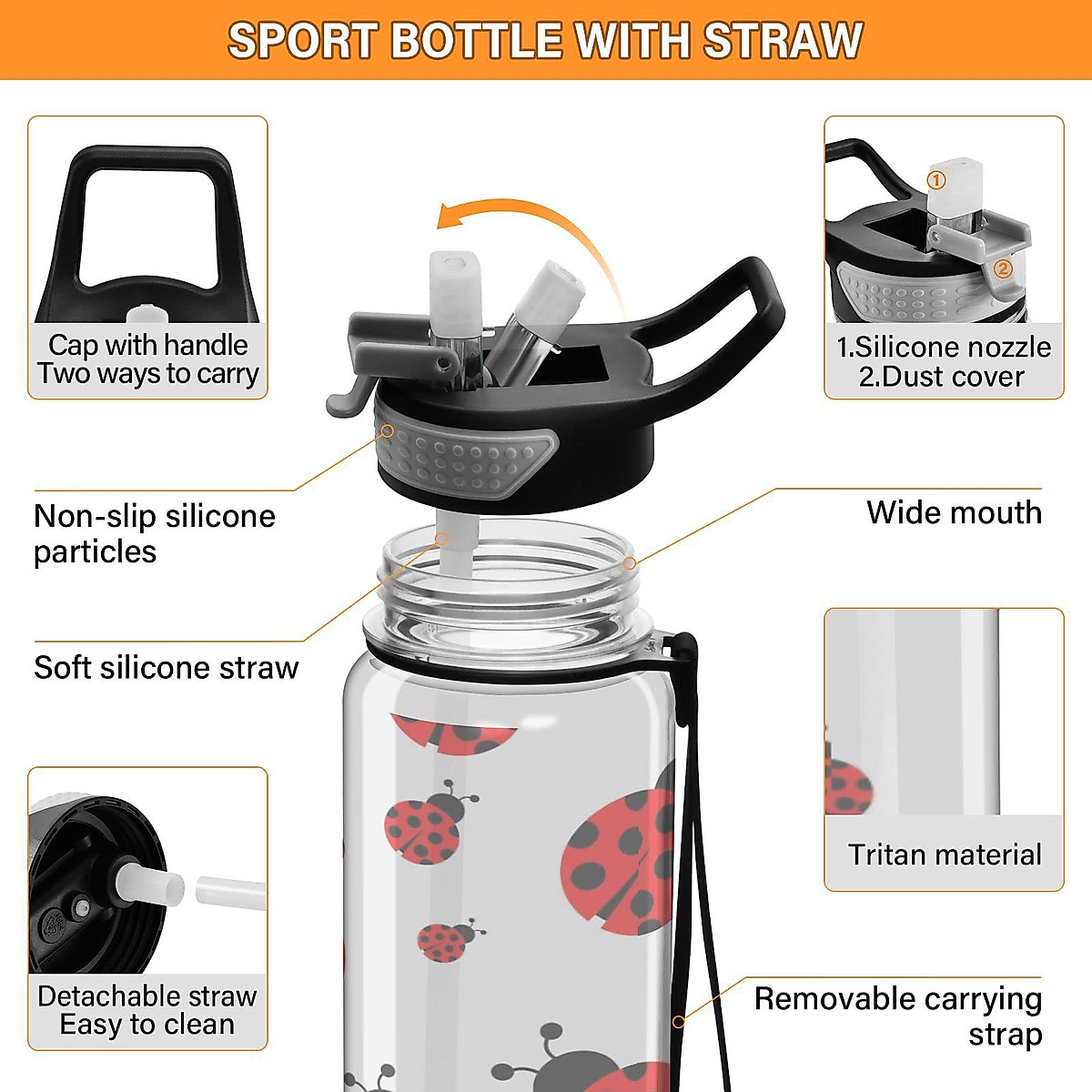 xigua Ladybug Water Bottle with Straw Lid,32 oz Leakproof Sport Water Bottle with Wide Handle for Gym,Cycling,School,Travel
