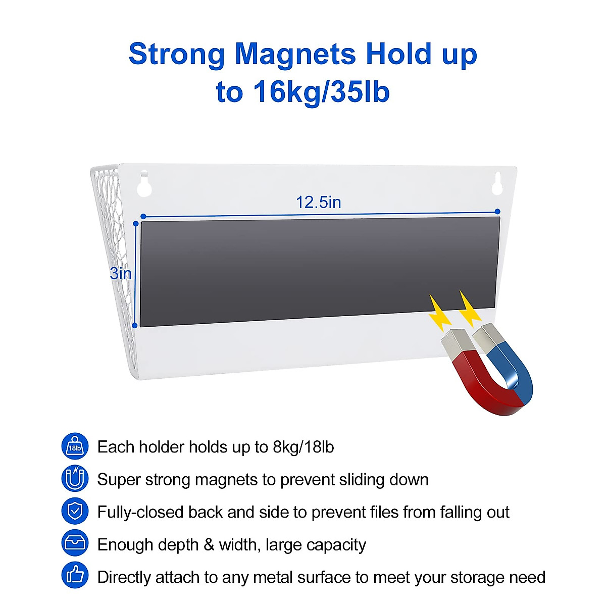 Magnetic File Holder for File Cabinets,1-Tier No Drilling Durable Magnetic Paper Holder, White Mesh Magnetic File Organizer for Refrigerator, Magazine Organizer, Writing Label Included (2 packs)