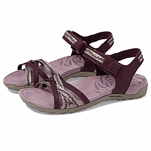 Merrell Terran 3 Cush Cross Sandals for Women - Nubuck Leather, Webbing Upper, and Hook-Loop Closure Burgundy 7 M