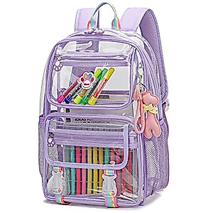 Maod Clear Backpack for Girls Cute Transparent See ThroughHeavy Duty Kid School Book Bags with Reinforced Padded Straps and Complimentary Gift (Purple, Small)