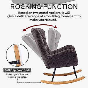 NIOIIKIT Nursery Rocking Chair, Teddy Upholstered Glider Rocker, Rocking Accent Chair with High Backrest, Comfy Rocking Accent Armchair for Living Room, Bedroom, Offices (Dark Grey Teddy)