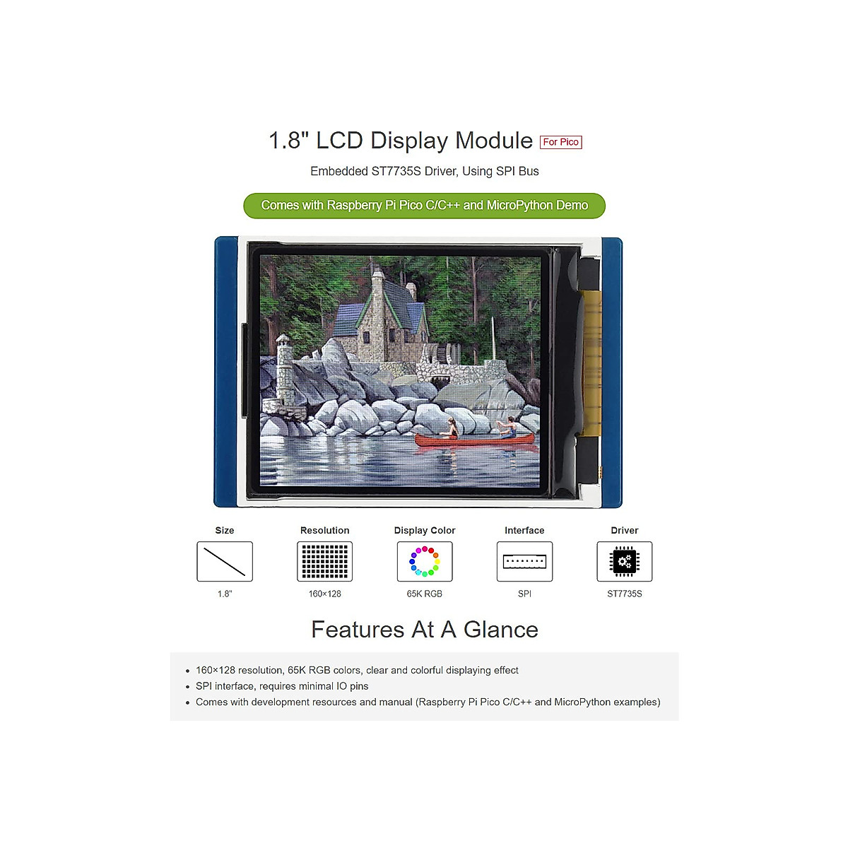 Waveshare 1.8inch LCD Display Module for Raspberry Pi Pico 65K RGB Colors 160×128 Pixels SPI Interface Comes with Raspberry Pi Pico C/C++ and MicroPython Demo