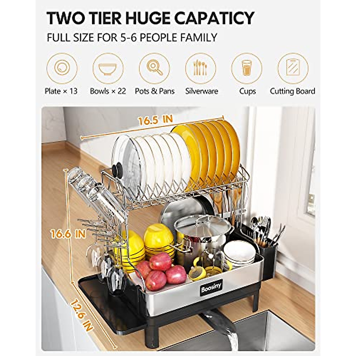 BOOSINY Dish Drying Rack with Drainboard Set, 304 Stainless Steel Dish Rack, 2 Tier Extra Large Dish Drainer with Cup Holder and Utensil Holder for Kitchen Counter of Big Family