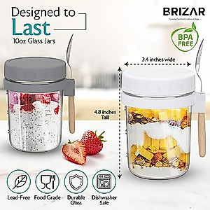 BRIZAR Glass Overnight Oats Containers with Lids - Airtight Overnight Oats Jars & Recipe Book - Overnight Oats Container for Food Storage, Oatmeal, Chia Pudding, Fruit, Yogurt - 2 Pack, 10 oz