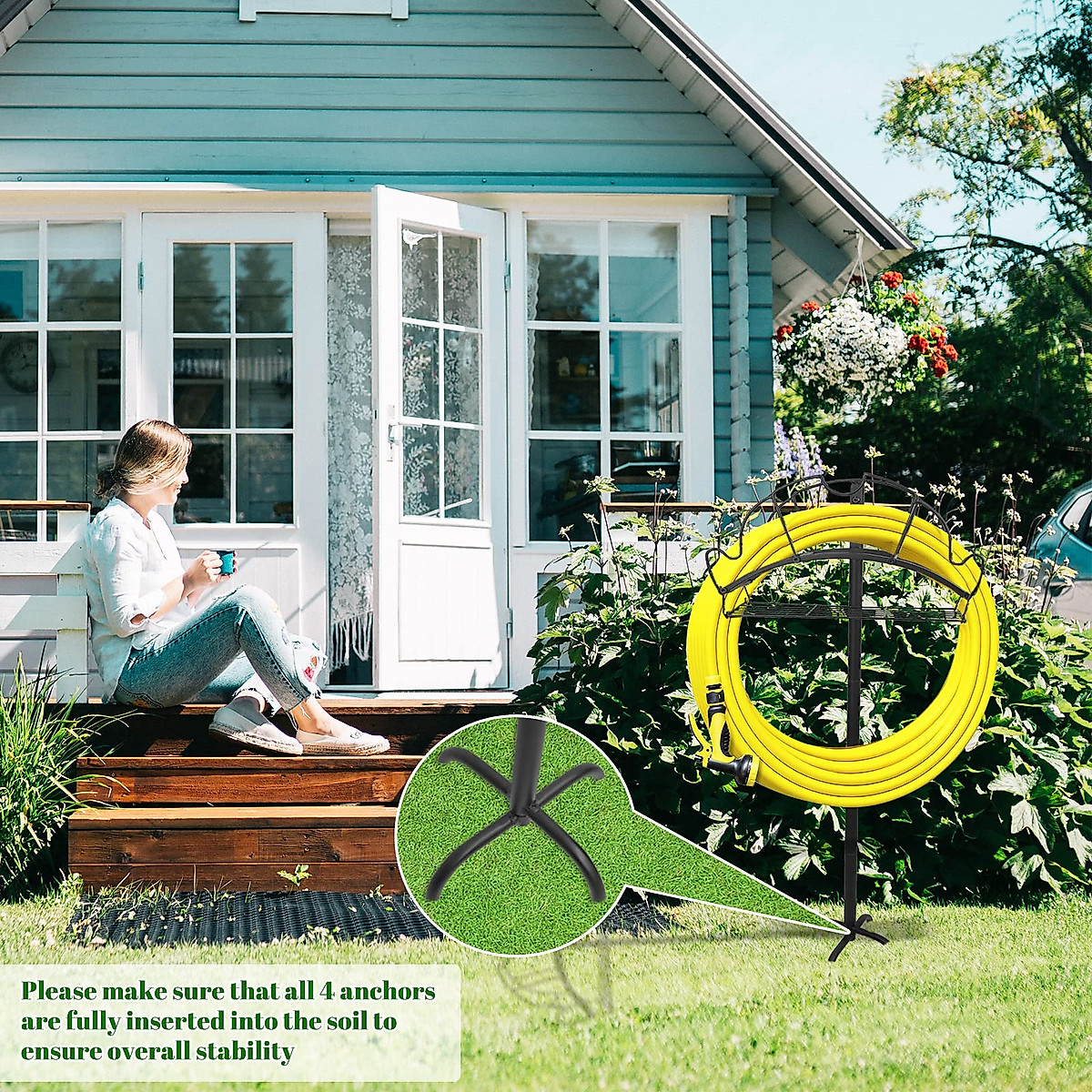 AUHOKY Freestanding Garden Hose Holder 4 Spiky Feet, Heavy Duty Deatachable Outdoor Garden Hose Holder Stand with Tools Storage Basket, Decorative Water Pipe Reel Organizer for Yard Lawn Patio (Iron)