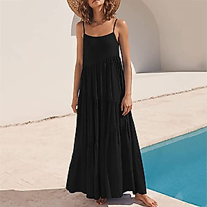 Women’s Summer Casual Loose Sleeveless Spaghetti Strap Asymmetric Tiered Beach Maxi Long Dress (A-Black, XXL)