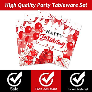 Red White and Gold Birthday Plates Napkins Forks Party Tableware Set Confetti Sprinkles Happy Birthday Party Decorations Red Table Decors for Men Women for 24 Guests