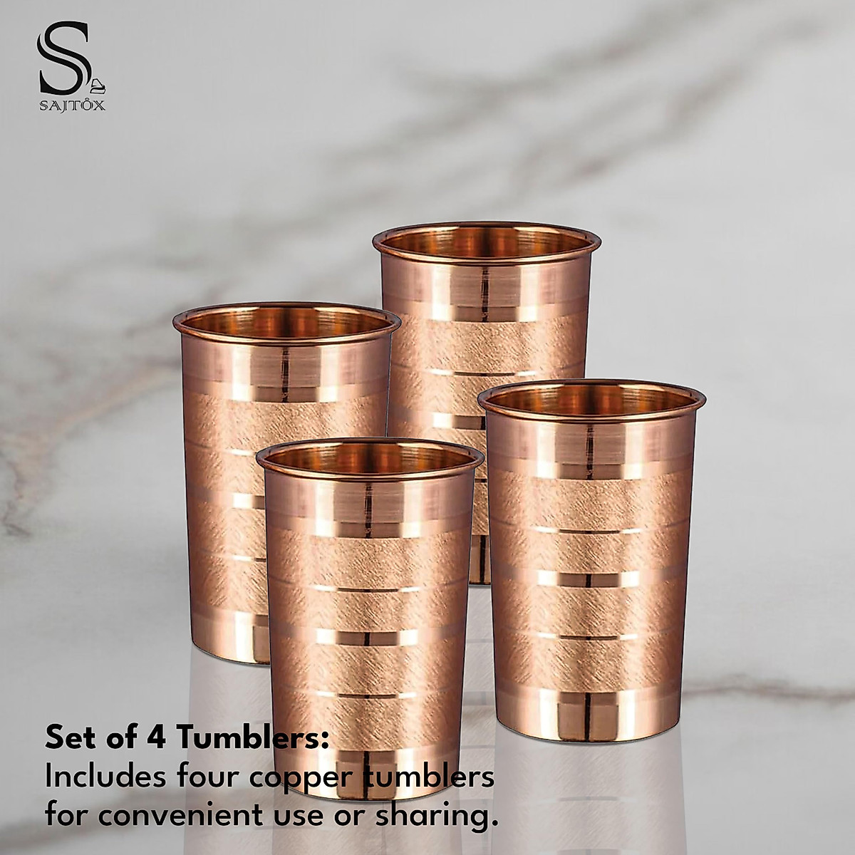 Pure Copper Glass for Drinking Water Set of 4 Tumbler Copper Cup Set for Ayurveda Health Benefits (11.8 Oz)