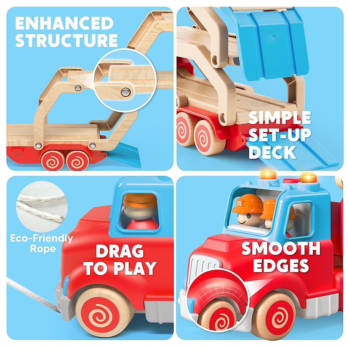 JOYIN Wooden Carrier Truck for Boys - 9 in 1 Foldable Track Carrier Truck Set, 1 Transport Toy Truck with 6 Wooden Cars, 2 Action Figures, 3 Layer Transformable Carriage Set, Toy Cars for Toddlers