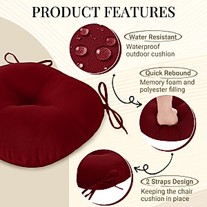 downluxe Bistro Chair Cushions for Patio Furniture, Water-Resistant Round Outdoor Chair Cushions Set of 4 with Non-Slip Ties, 15" x 15", Burgundy