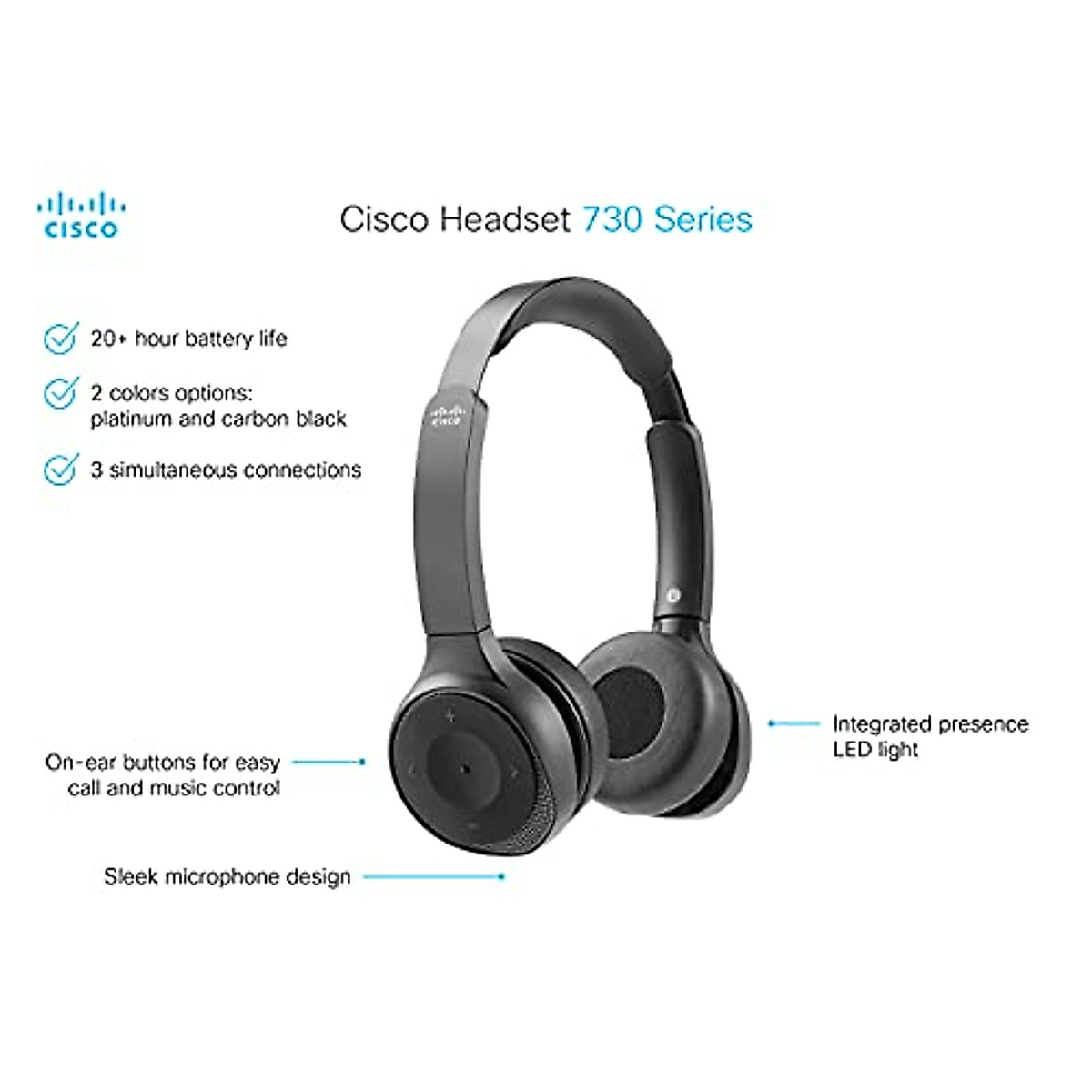 Cisco Headset 730, Wireless Dual On-Ear Bluetooth Headset with Case, USB-A HD Bluetooth Adapter, USB-A and 3.5mm Cables, Carbon Black, 1-Year Limited Liability Warranty (HS-WL-730-BUNA-C) (Renewed)