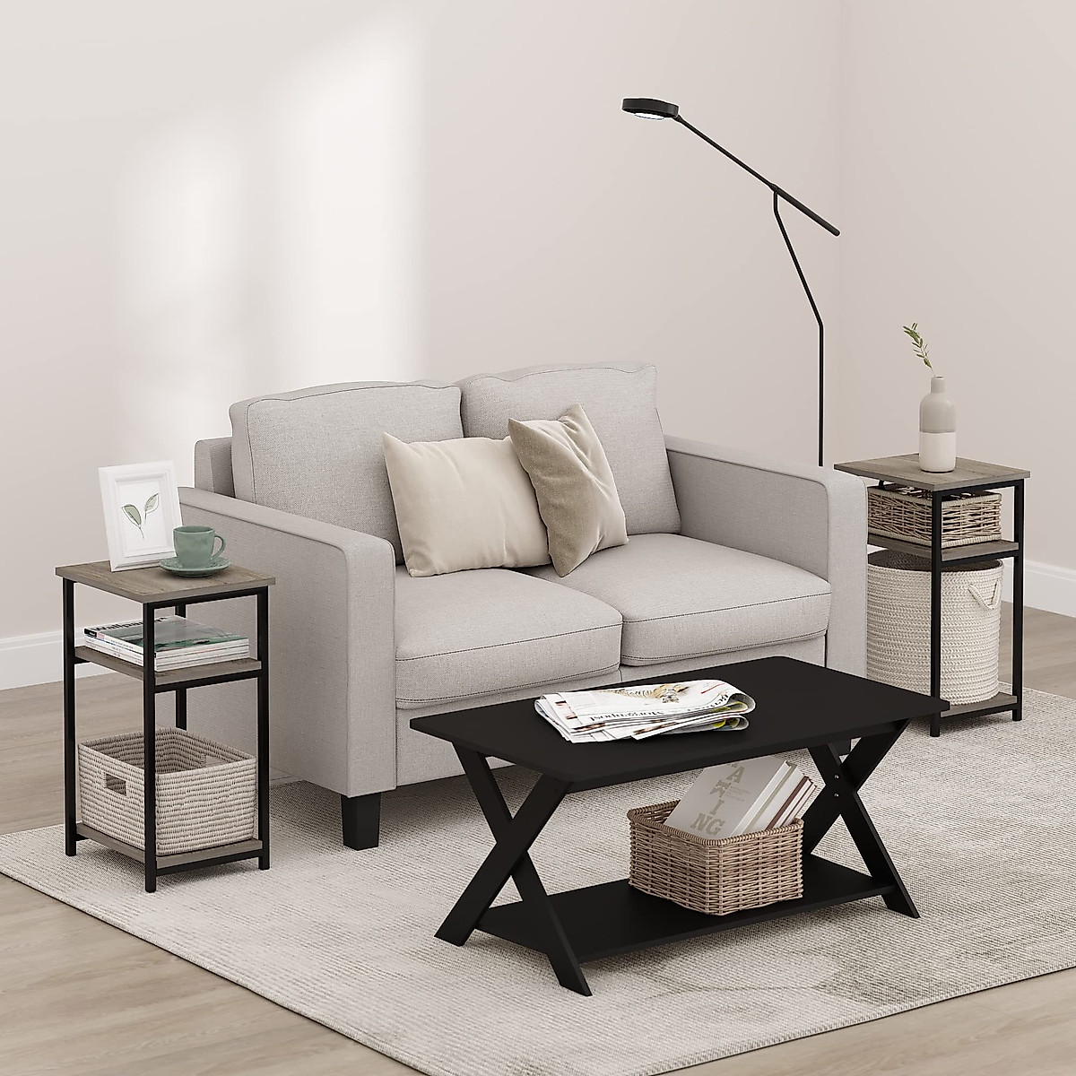 Furinno Just 3-Tier Metal Frame End Table with Storage Shelves, 2-Pack, French Oak