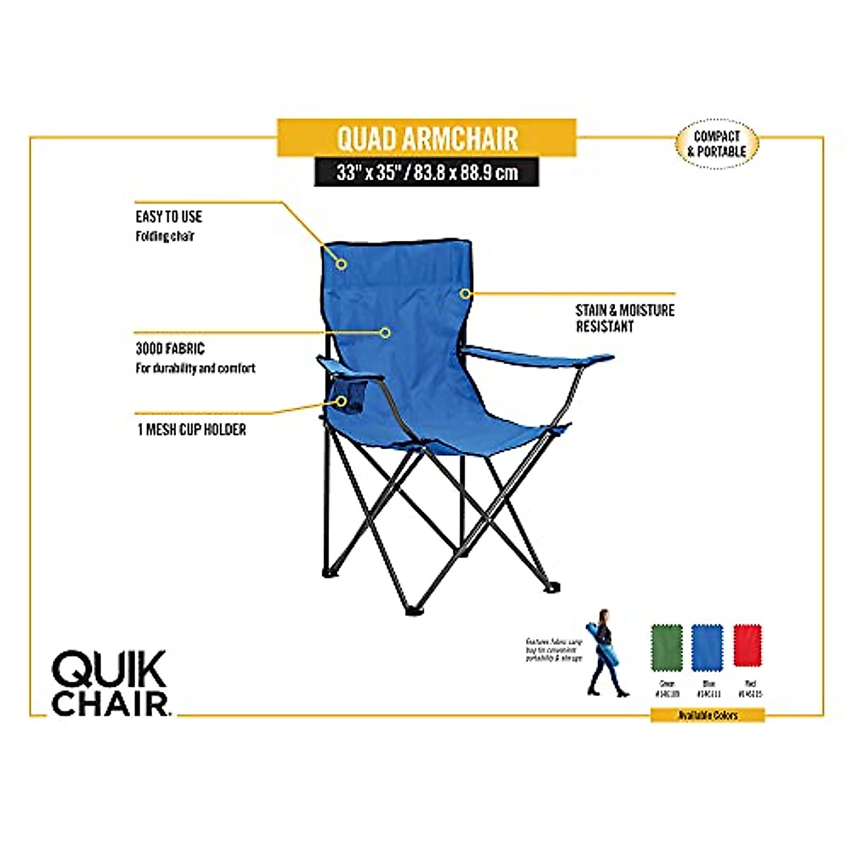 Quik Shade Chair Portable Folding Chair with Arm Rest Cup Holder and Carrying and Storage Bag, Red (146115)
