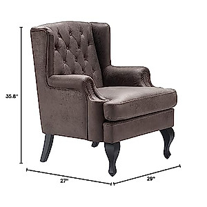 Serta Mason Sofa Collection Faux-Leather Upholstery, Brass Nailhead Accents, Solid Wood Legs, Button-Tufted Wingback Armchair, Dark Brown