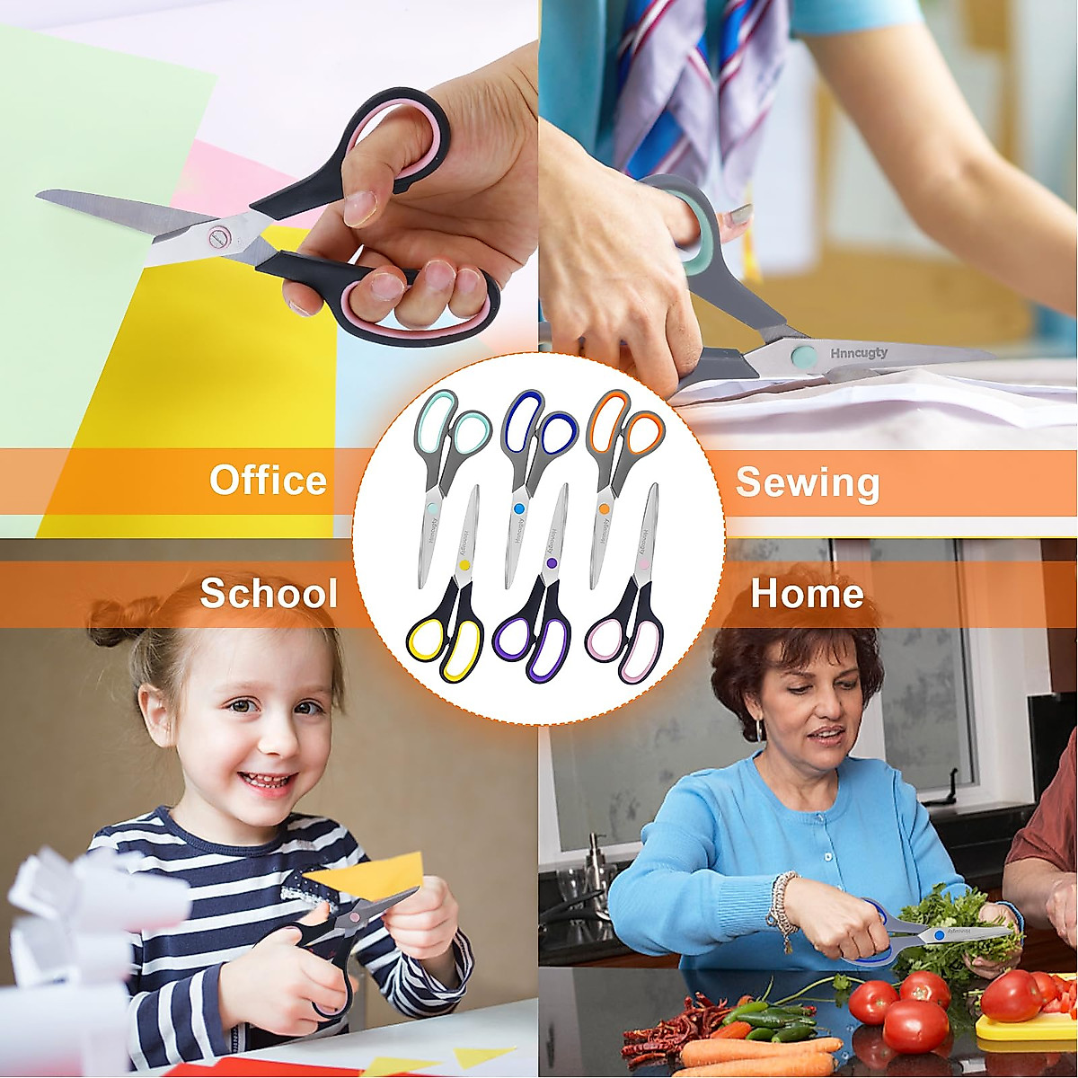 Scissors for Office School Supplies, Hnncugty 8" Scissors All Purpose Bulk Set of 6-Pack, Sharp Scissors for Student Teacher Scissors Home Craft Sewing Fabric Scissors, Comfort Grip, Right/Left Handed