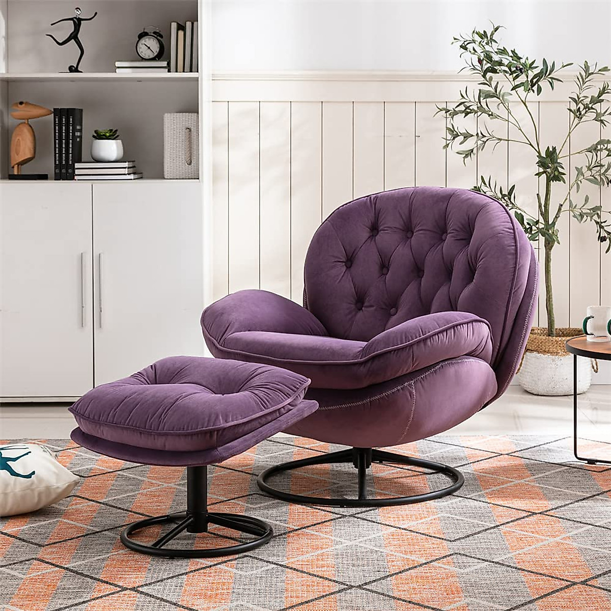 LLS Velvet Swivel Accent Chair with Ottoman Set, Purple, Comfortable Single Leisure Sofa Chair with 360 Degree Swiveling for Living Room