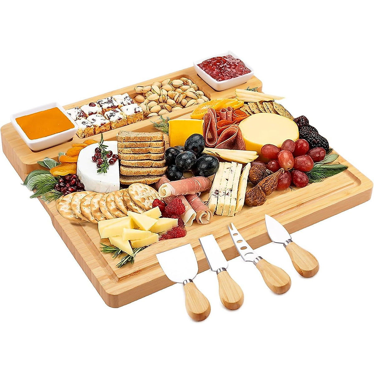 Large Charcuterie Boards, Cheese Boards and Knife Set, Bamboo Wine Meat Cheese Tray Platter, Charcuterie Platter Cheese Trays, Unique Housewarming/Wedding/Bridal Shower Gifts for Couple