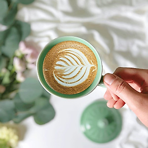 Tingyework Porcelain Lotus Tea Cup with Lid and Handle, 12 oz Unique Coffee Mug, Microwave Dishwasher Safe, Gifts for Women and Men, Aesthetic Chinese Celadon 1 Pack (Olive Green)