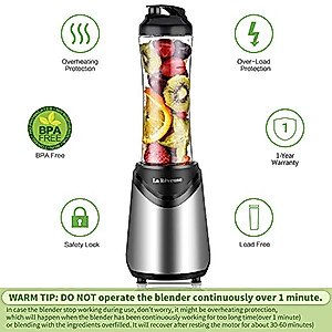 La Reveuse Smoothies Blender Personal Size 300 Watts with 18 oz BPA-Free Portable Travel Sports Bottle (Silver)