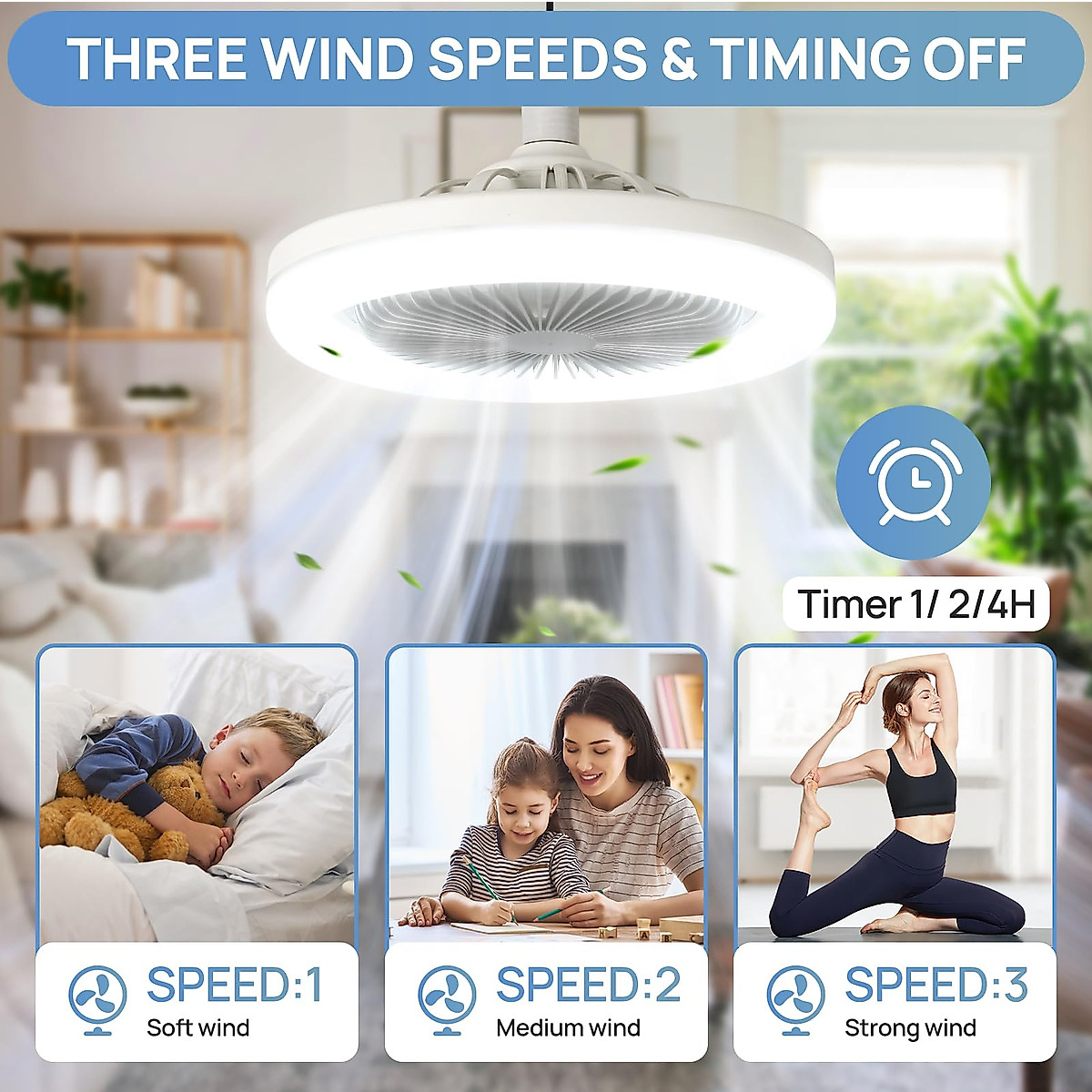 Socket Fan Light With Remote 10", Fan With Light 2,400 Lumen/6,500 Kelvin, Infinitely Adjustable, Light Socket Fan For Small Spaces Damp/Ventless, Need Ventilation & Airflow to Dry