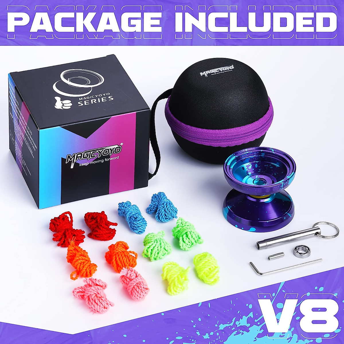 Yoyo Professional Responsive Yoyo V8 - Dual Purpose Yoyo for Kids Beginners, Pro Metal Yo Yo for Adults with Unresponsive Yoyo Bearing + 12 Yoyo Strings, Yo-yo Case Bag, Removal Tool (Purple Blue)