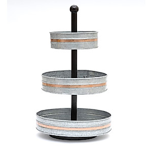THE ARTIQUE Galvanized Stand, Tiered Tray, Three Tier Serving Stand with Copper Trim, Cupcake Stand Bar Accessories, 3 Tiered Metal Tray Platter for Cake, Dessert, Appetizers & More- Antique Silver