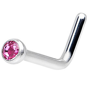 Body Candy Steel Pink Press Fit L Shaped Nose Stud Ring Created with Crystal 18 Gauge 1/4"