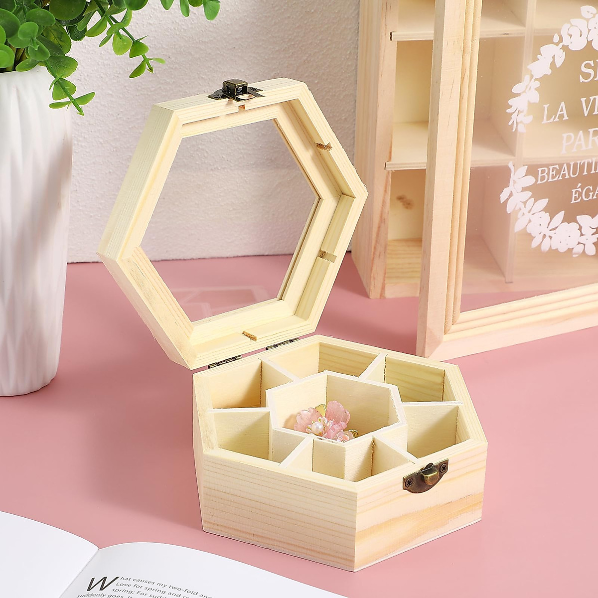 Wooden wood treasure box Jewelry Box DIY Hexagon Shape Jewelry Organizer Jewelry Case for Earrings Necklace unfinished jewelry box Jewelry wooden jewelry box