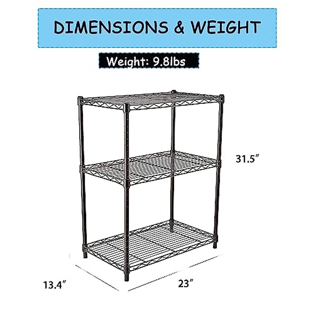 ANNECOSK 3-Tier Storage Shelves Adjustable, Metal Shelves for Storage Shelving Unit Wire Shelving Display Shelf for Kitchen Pantry 23" D x 13" W x 31.5" H-Black