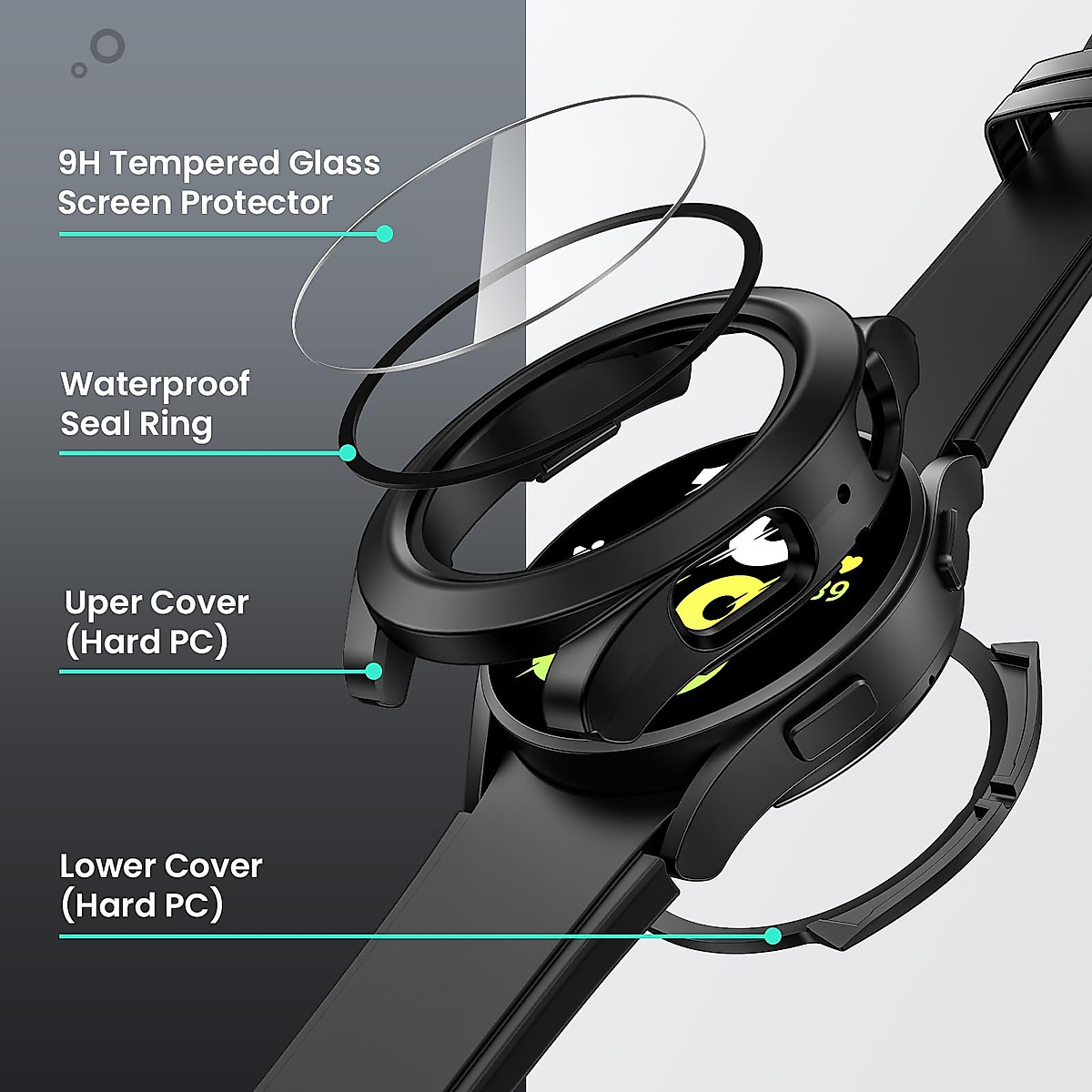 [2 in 1] Goton Waterproof Case for Samsung Galaxy Watch 5 4 44mm, 360° Protective Hard PC Front & Back Bumper with HD Tempered Glass Screen Protector for Galaxy Watch Cover Accessories, Black