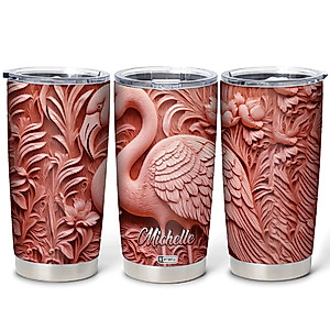 Hyturtle Personalized Gifts For Flamingo Lover - Flamingo Printed 2D Custom Name Stainless Steel Tumbler 20oz With Lid - Idea Animal Lover Gifts For Women Girl On Birthday, Christmas