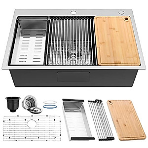 Herogo 33"X22" Workstation Kitchen Sink, 10 Deep Drop In Stainless Steel Topmount Single Bowl 2-Hole R10 Tight Radius Large Kitchen Sinks with Kit of 5 Accessories