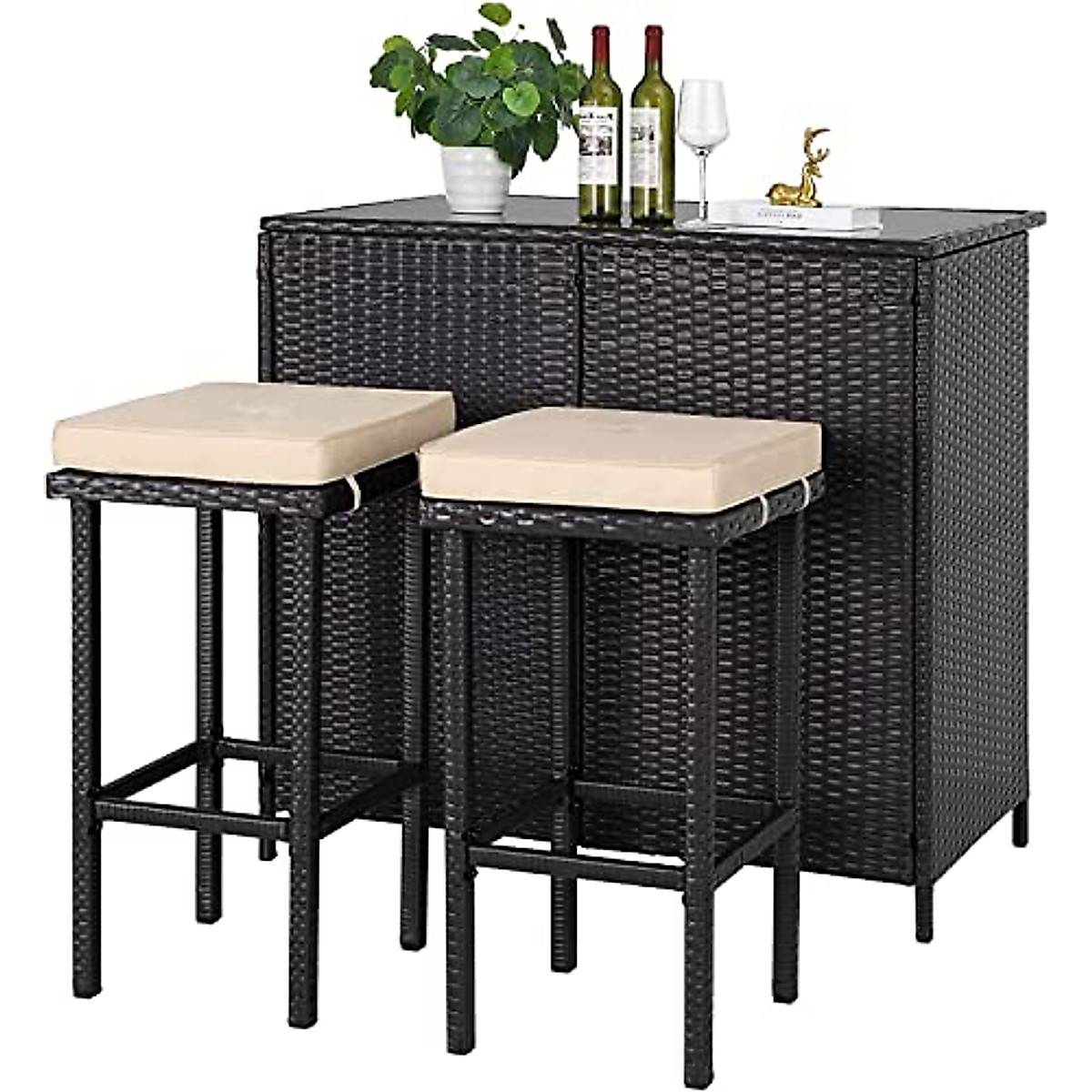 SOLAURA 3-Piece Outdoor Patio Bar Set Black Brown Wicker Bar Table Set Patio Furniture Set Outdoor Bar and Two Stools with Cushions for Backyards, Lawn, Garden, Deck, or Poolside