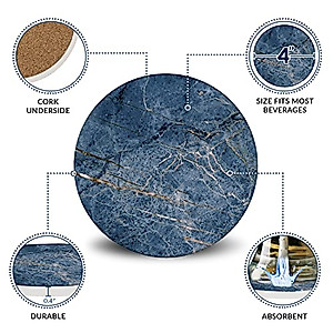 Emerson 100% Ceramic Coasters for Drinks Absorbent – Coffee Table Set of 6 with Holder, Wooden Tabletop Protection Marble Style - 4” Inch Non-Slip & Cork Bottom - Heavy Duty Drink Coasters (Ocean)