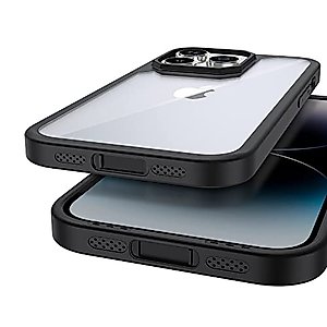 LEKEVO for iPhone 14 Pro Max Case, Soft Silicone Edges + Hard Clear Back Cover, w/Dust Cover & Screen & Camera Lens Protector, Slim Shockproof Phone Case, Black