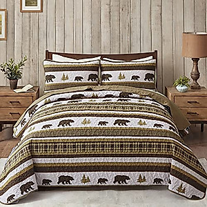 Lodge Bedspread Quilt Set King Size, Cabin 3 Pieces Brown Rustic Buffalo Plaid Bedding Set Reversible Bedspread Coverlet Bed Set for All Season(1 Quilt, 2 Pillow Shams)