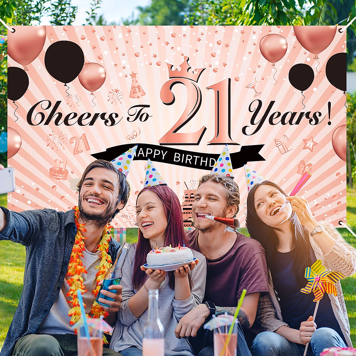 Luxiocio 21st Birthday Decorations for Women - Cheers to 21 Years Banner Backdrop - 21 Years Old Birthday Poster Background Party Supplies for Her(6 x 3.6ft, Rose Gold)